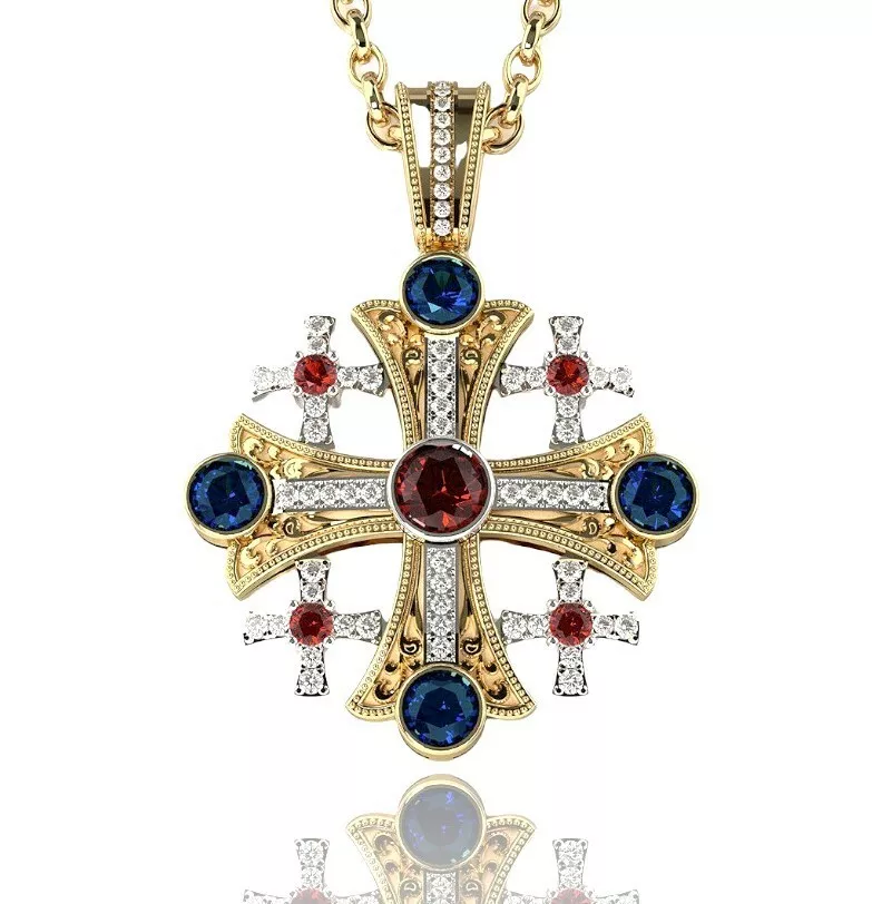 2.10Ct Round Cut Simulated Diamond Diamond Jerusalem Cross Pendant 14K ...