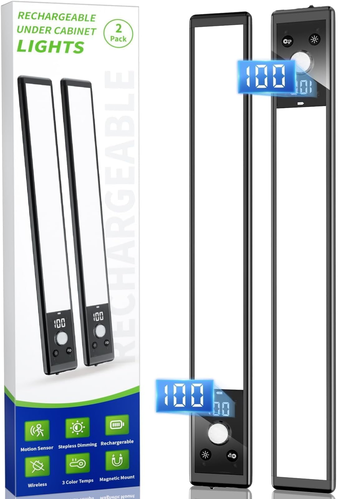 2 12" Under Cabinet Lights with Digital Display,2200mAh Motion Sensor ...