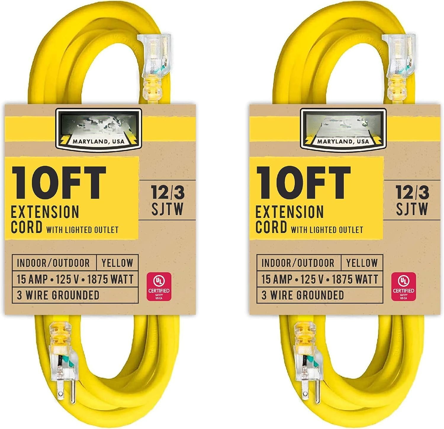 2 12 Gauge Outdoor Extension Cord 10 ft, 12/3 Extension Cord 3 Prong ...