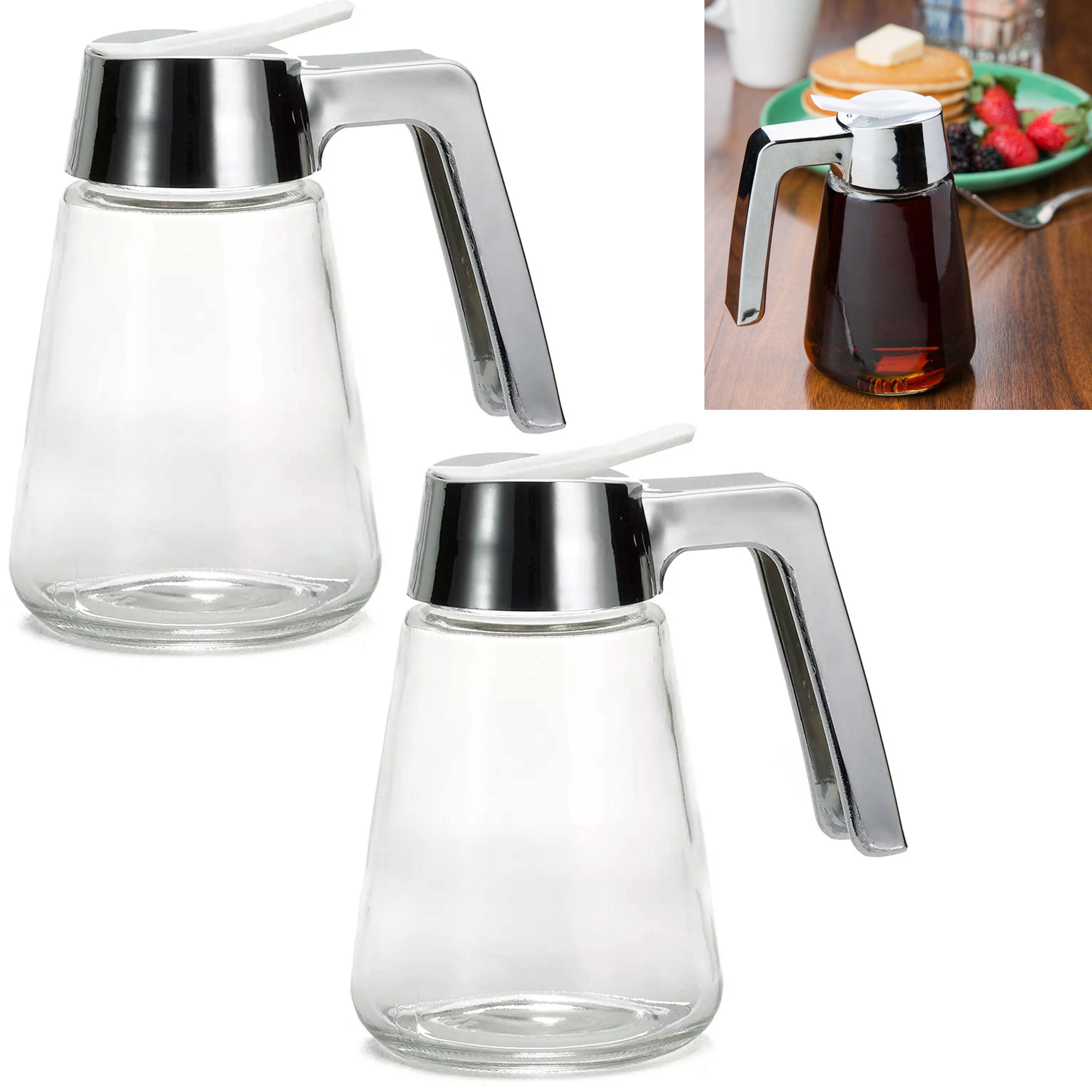 2- 12Oz Glass Syrup Dispenser Honey Maple Jar Dressing Creamer Sugar ...