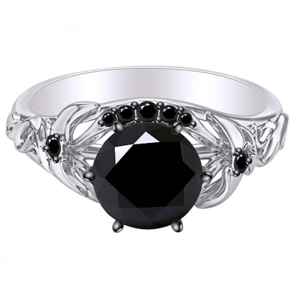 AFFY 2.08 Carat Round Shape Black Diamond Filigree Engagement Ring 14K ...