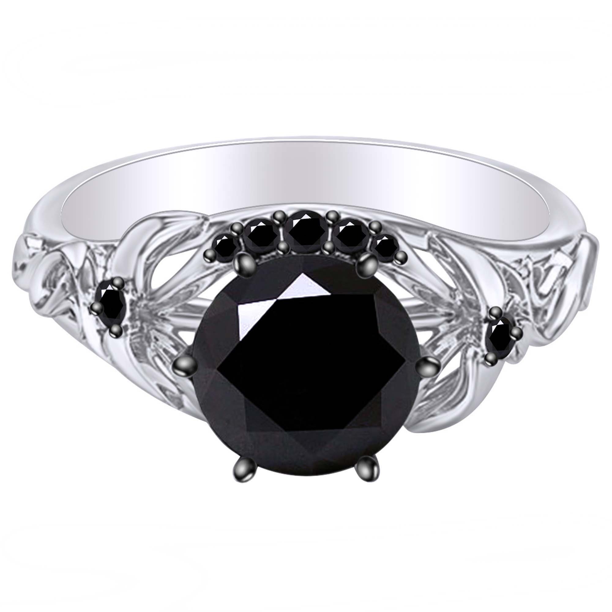 AFFY 2.13 Carat Round Shape Black Natural Diamond Engagement Ring 14K ...
