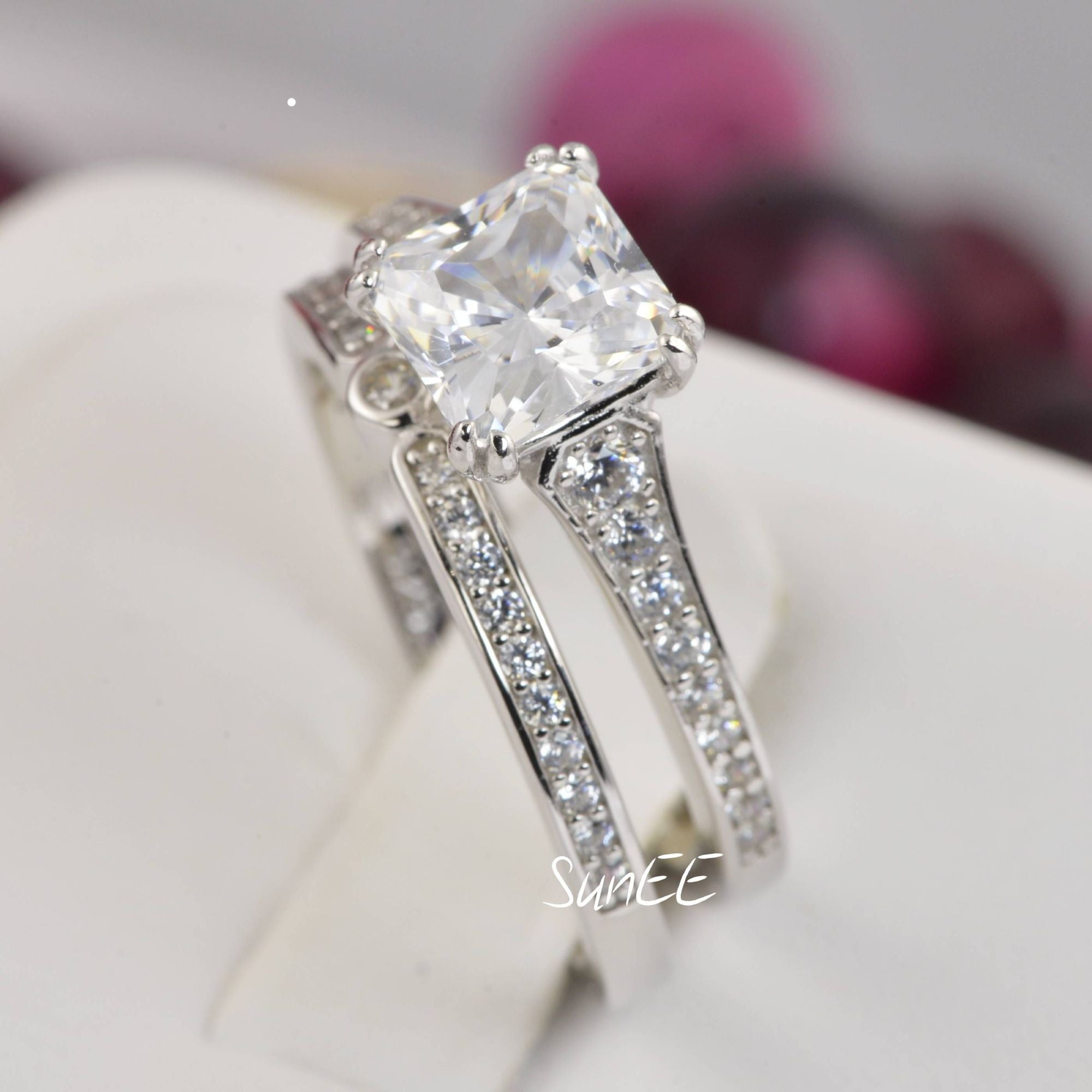 2.14ct Princess Cut Bridal Wedding Engagement Ring Diamond Simulated 925 Sterling Silver ...
