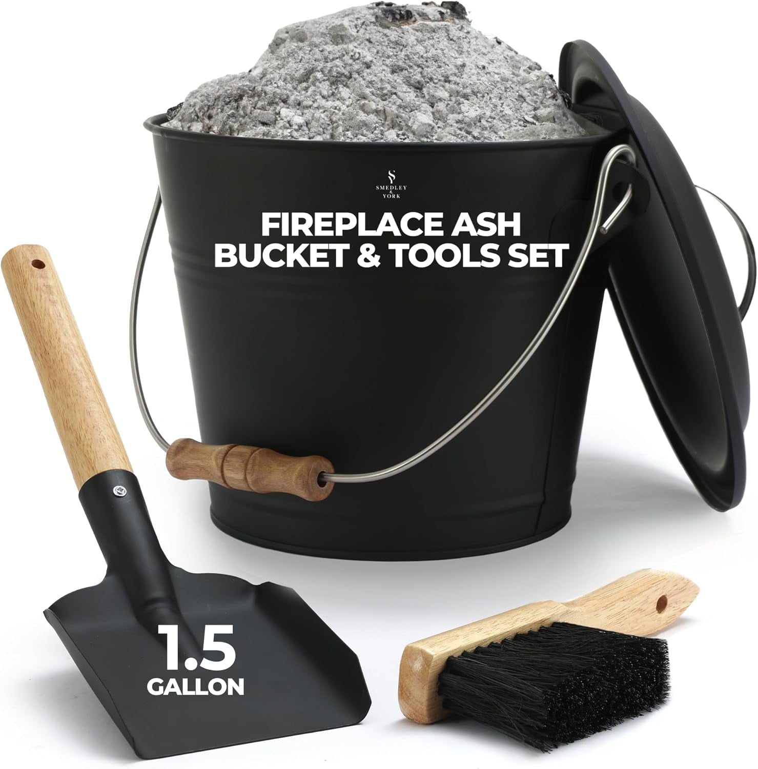 2.15 Gallon Black Ash Bucket and Fireplace Tool Set with Lid, Shovel ...