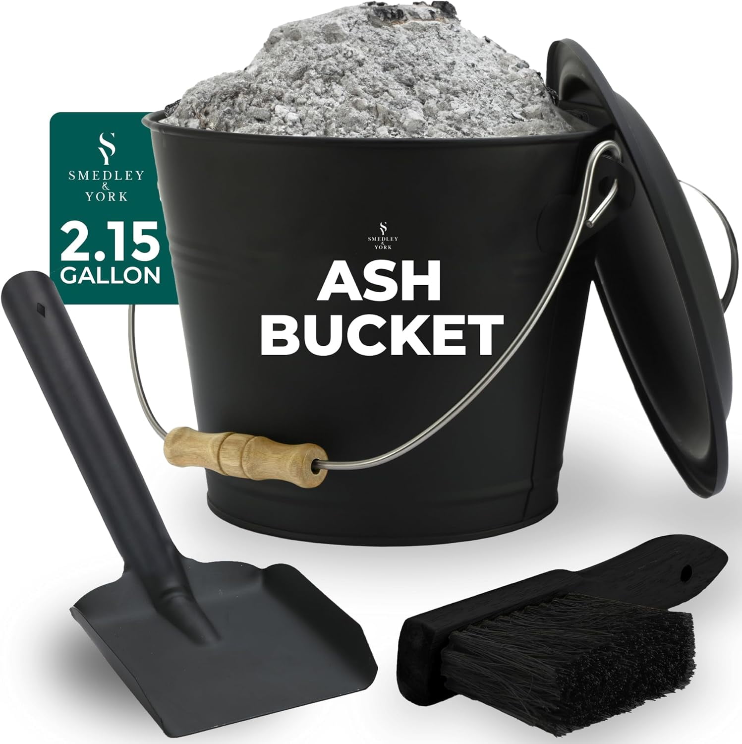 2.15 Gallon Black Ash Bucket and Fireplace Tool Set with Lid, Shovel ...