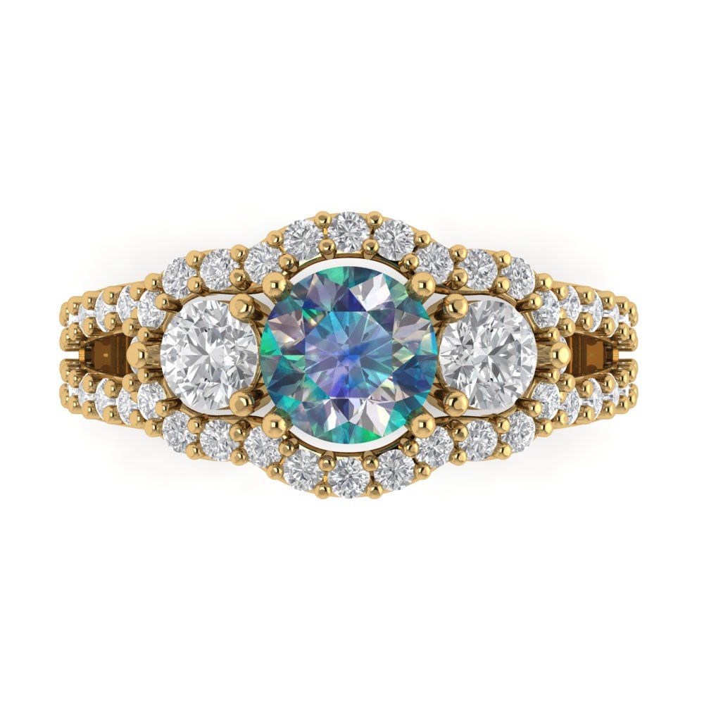 2.16 ct Round Cut Blue Moissanite 3 Stone 18K Yellow Gold Womens ...