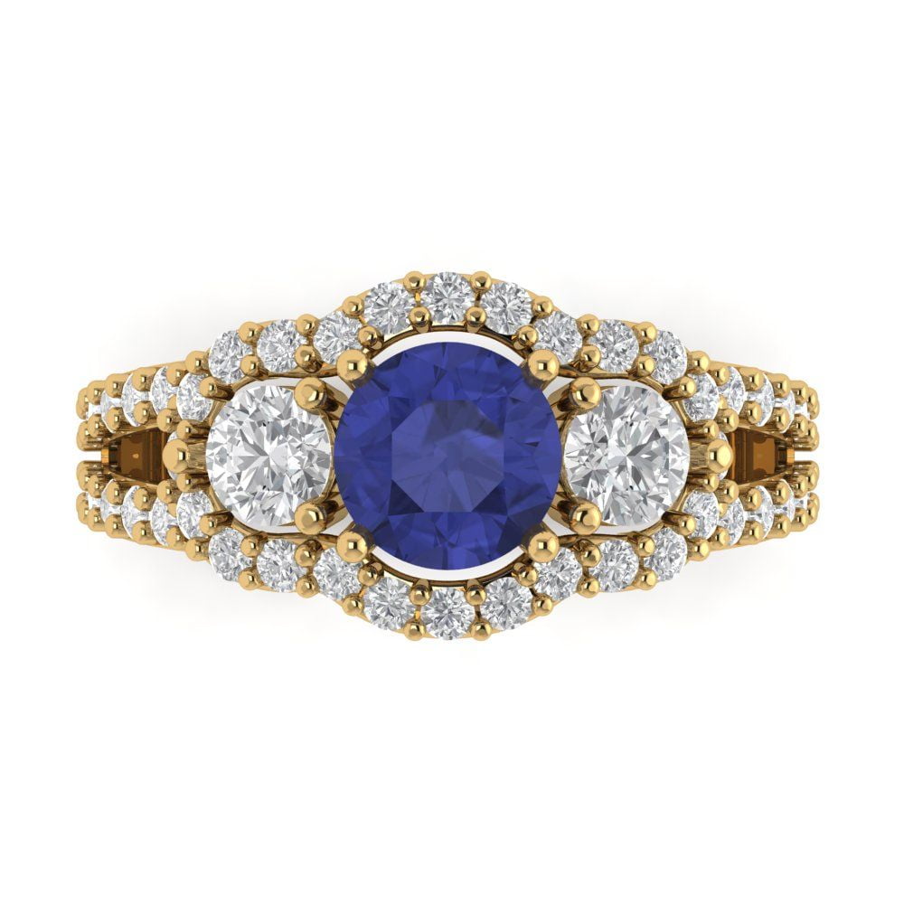 2.16 ct Round Cut Simulated Tanzanite 3 Stone 14K Yellow Gold Womens ...