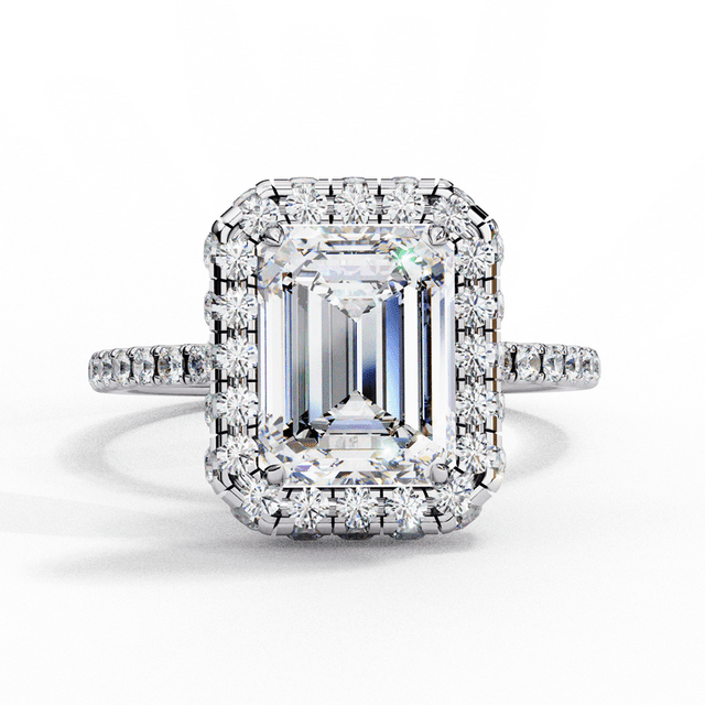 2.18 CT Emerald Cut Lab Grown Diamond Halo With Pave Set Wedding Ring ...
