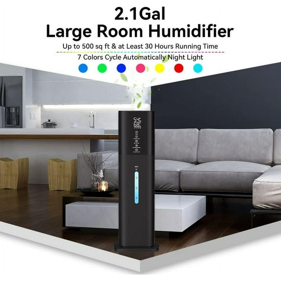 2.1Gal Black Humidifier - Large Room, 3 Speed, 7 Color LED, Sleep Mode ...