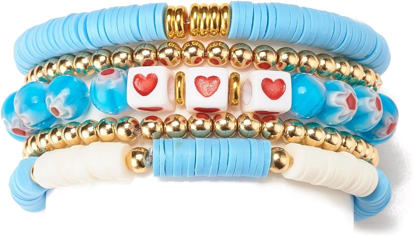 2.1Inch 5Pcs 5 Style Polymer Clay Glass Beads Bracelets Adjustable ...