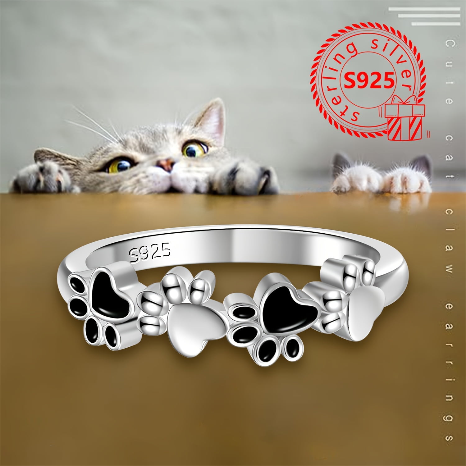 2.1g S925 Sterling Silver Cute Cat Paw Print Fashion Ring for Women, Polished Animal Style ...