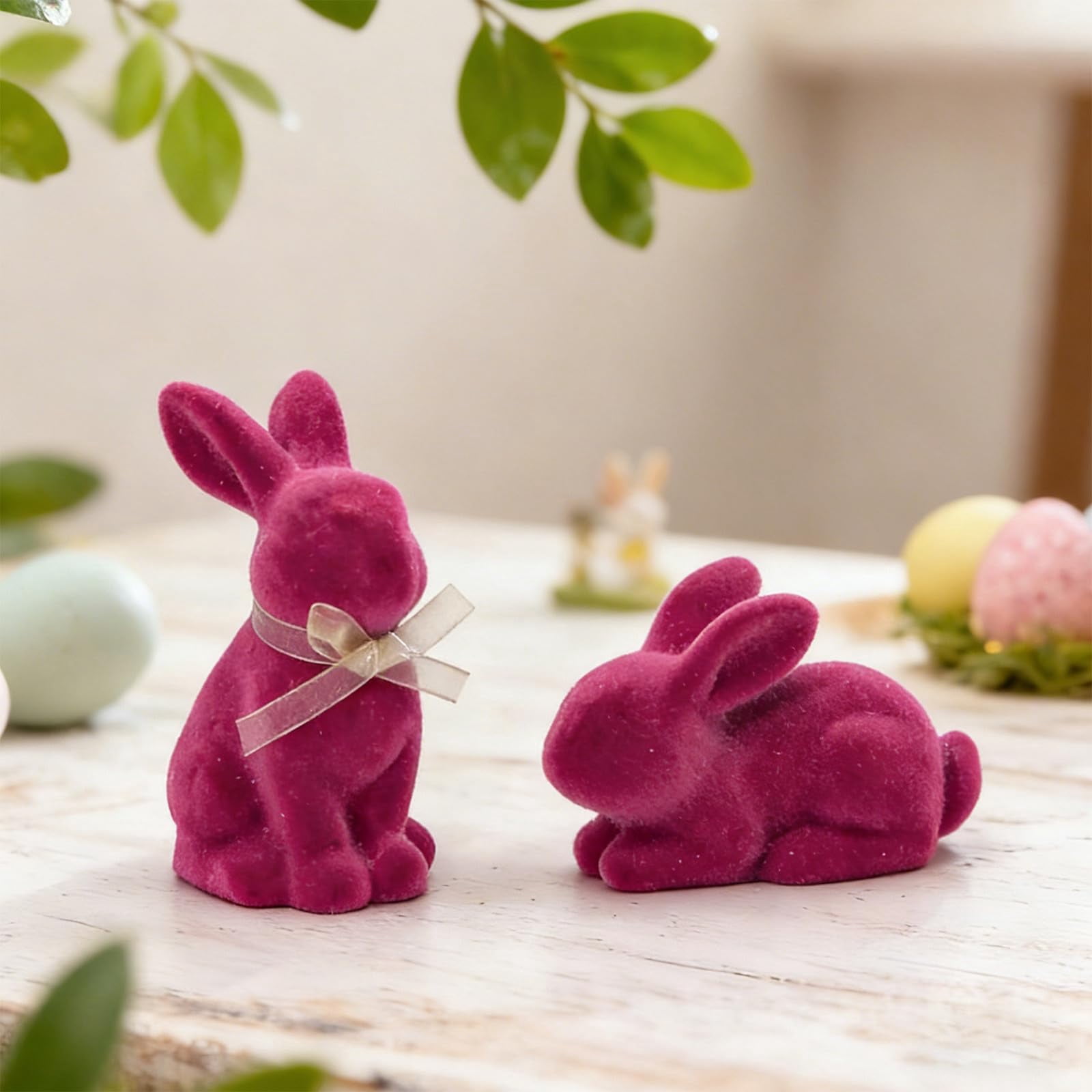 2/1pcs Easter Table Decoration Flocked Bunnies Figurine with Bow Tie ...