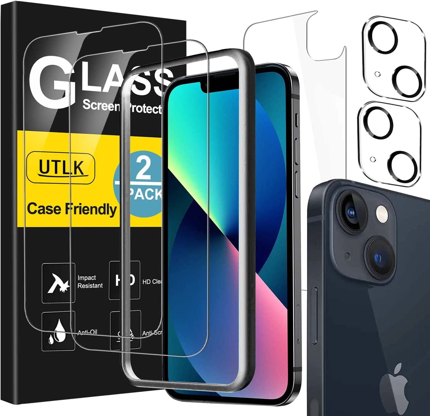 [ 2+2 +2 ] 2 Front + 2 Back for iPhone 13 Glass Screen Protector HD ...