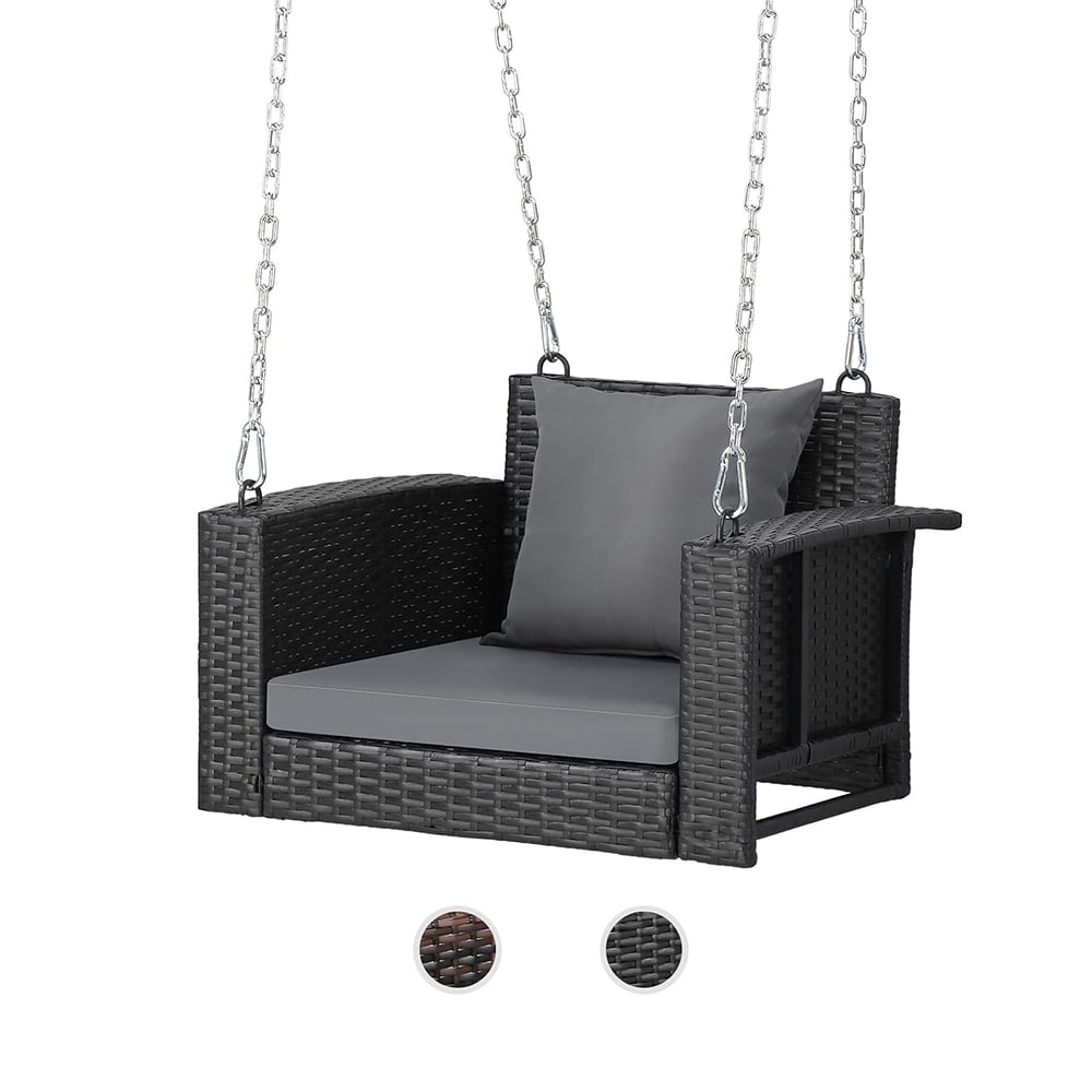 2.2 FT Patio Wicker Swing Bench Chair, 1-Person Use Rattan Porch Swing Outdoor with Cushions ...