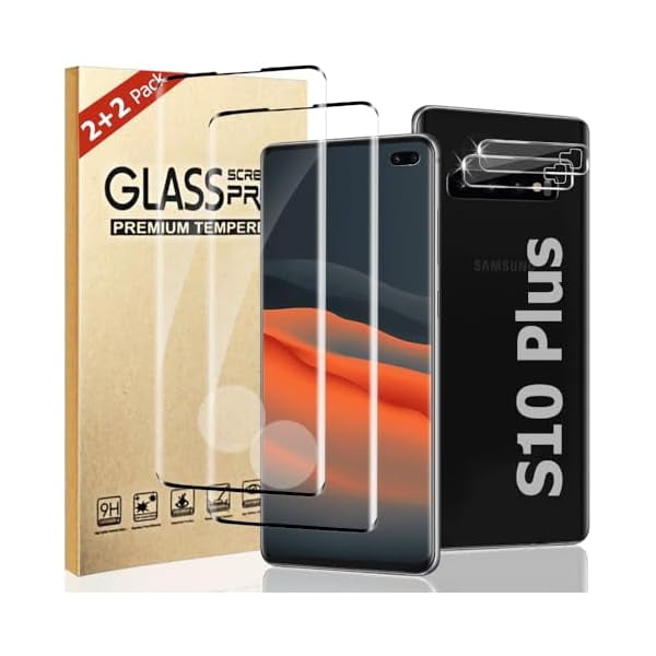 2+2 Pack Galaxy S10 Plus Screen Protector and Camera Lens Protectors, 9H Tempered Glass, 3D Full ...