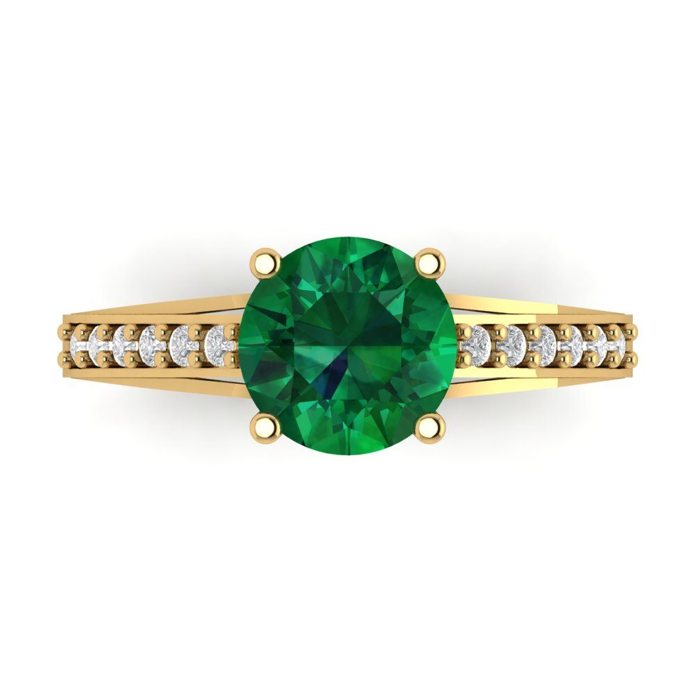 2.21ct Round Cut Precious Gemstone Green Emerald Real 18k Yellow Gold ...