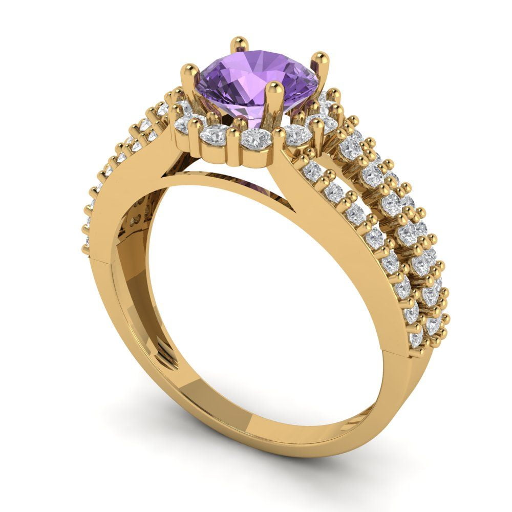 2.21ct Round Cut Purple Natural Amethyst 14k Yellow Gold Engraving Statement Bridal Wedding ...
