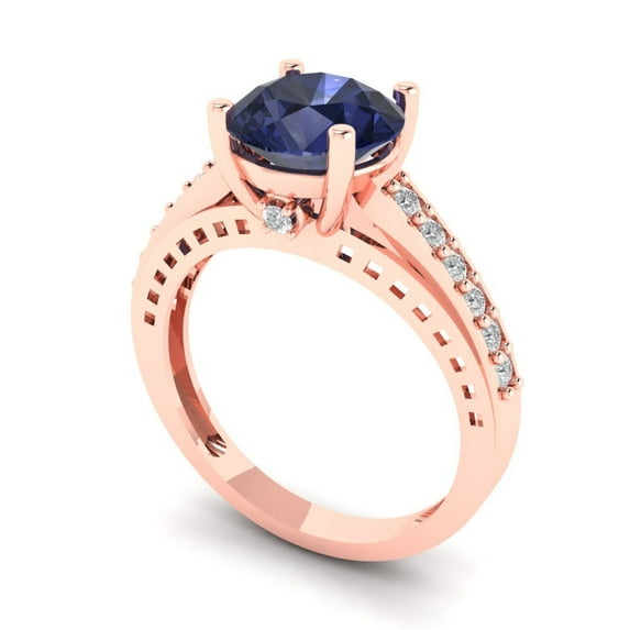 2.21ct round cut blue sapphire 18k rose gold Bridal Wedding Engagement ...