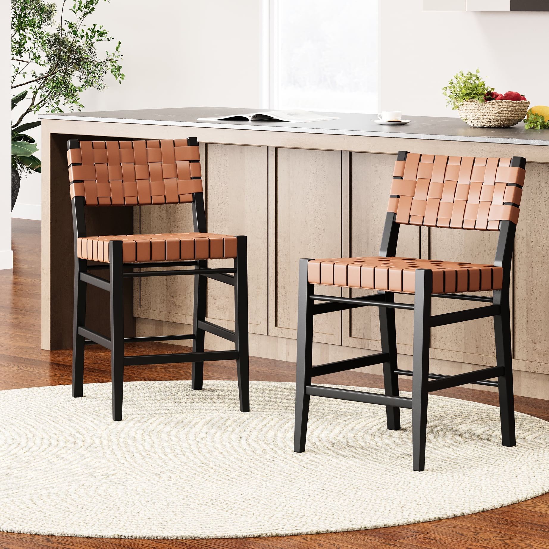 2 24.25'' Classic Stools, Brown Pu, Leather Cross-woven Back And Seat ...