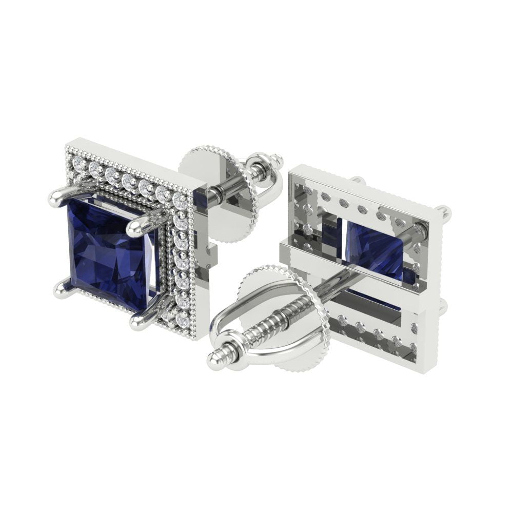2.24 Ct Princess Cut Halo Studs Blue Sapphire 18K White Solid Solid ...