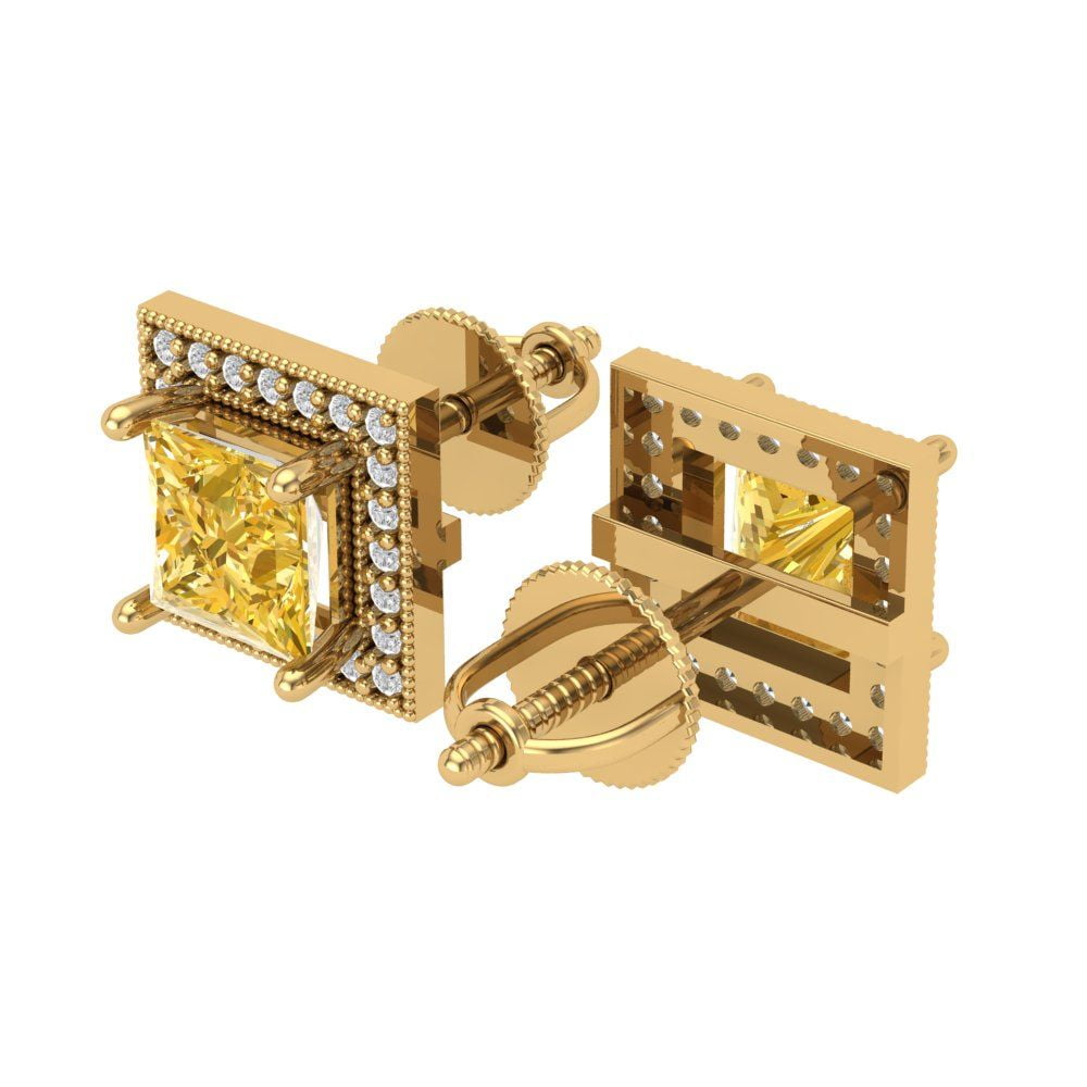2.24 Ct Princess Cut Halo Studs Yellow Natural Citrine 18K Yellow Solid ...