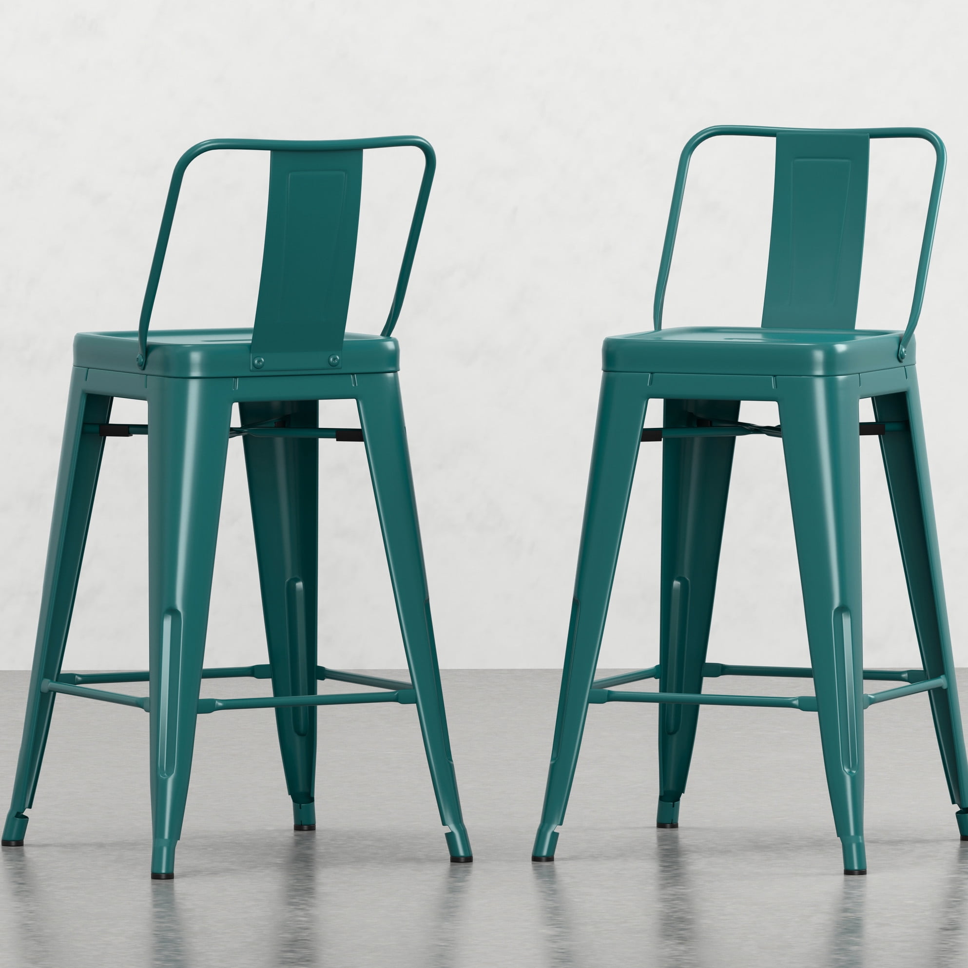 Of 2 24" Metal Counter Stools In Teal, Curved Back For Extra Support ...