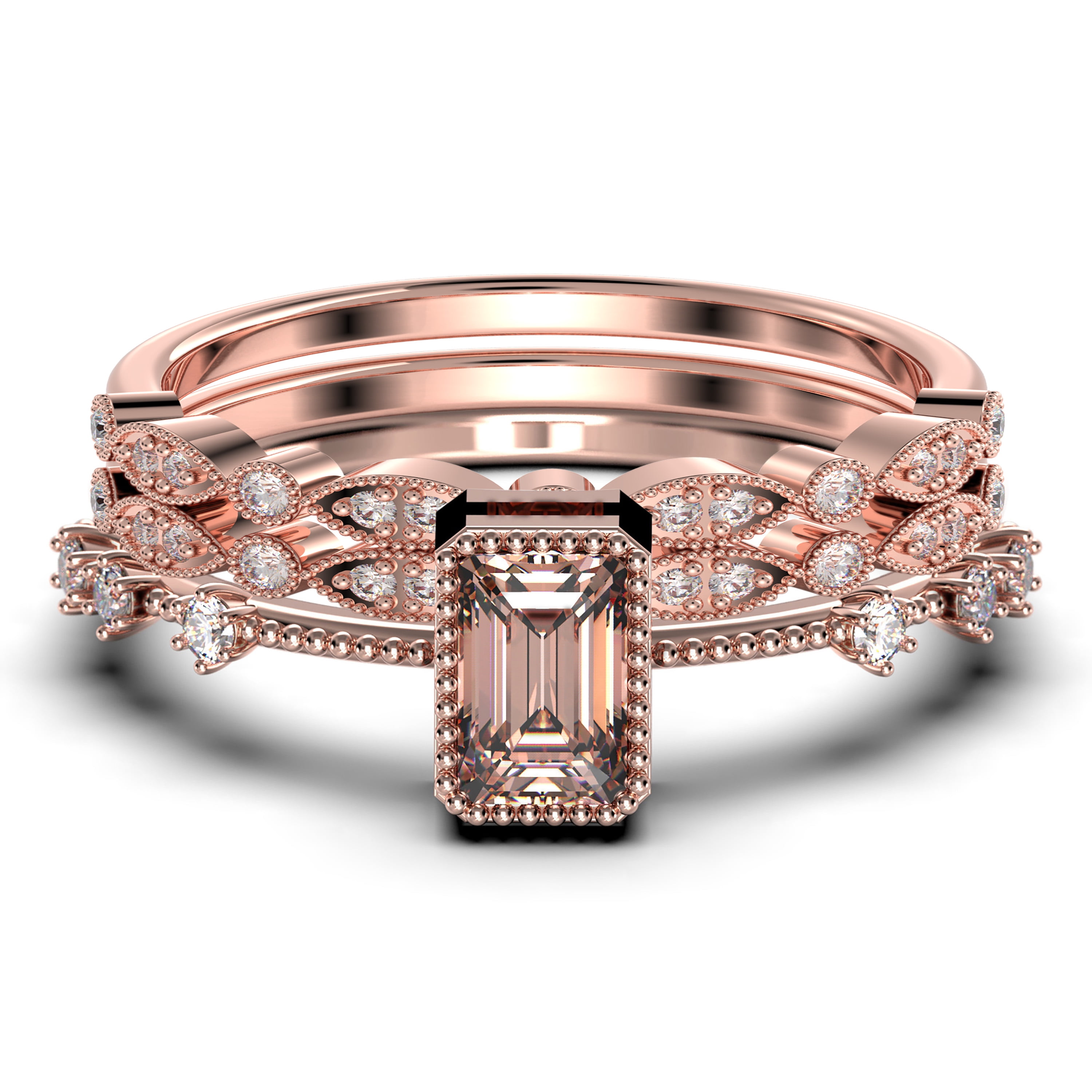 2.25 Carat Emerald Cut Morganite And Diamond Moissanite Thin Engagement ...