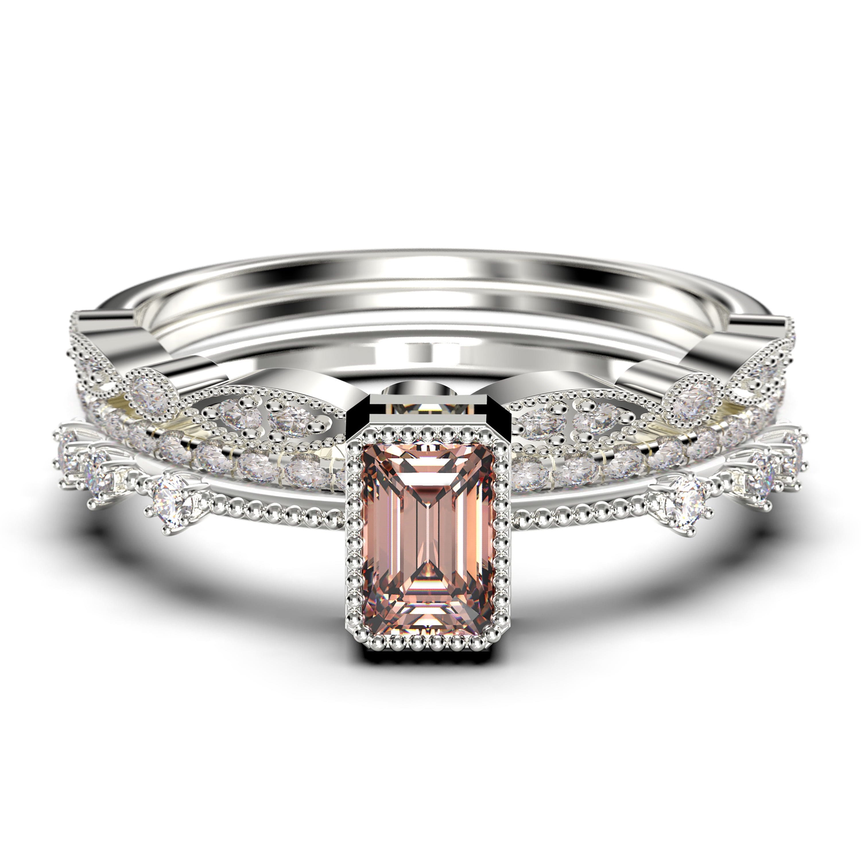 2.25 Carat Emerald Cut Morganite And Diamond Moissanite Thin Engagement ...