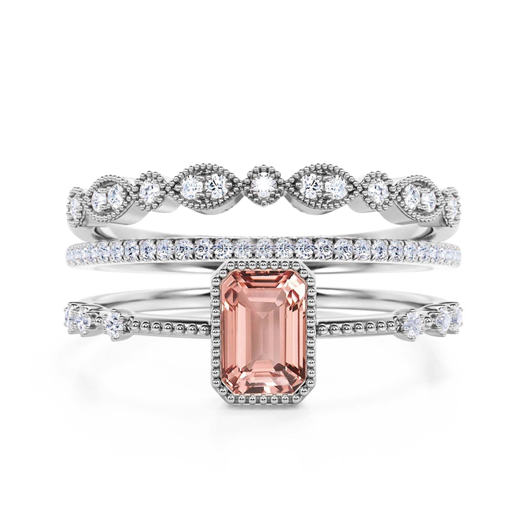 2.25 Carat Emerald Cut Morganite And Diamond Moissanite Thin Engagement ...