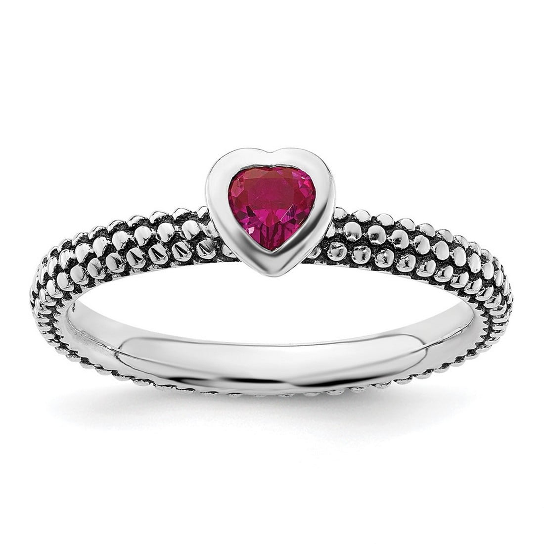 2.25mm 925 Sterling Silver Bezel Artisan Oxidized Stackable Polished Created Ruby Love Heart ...