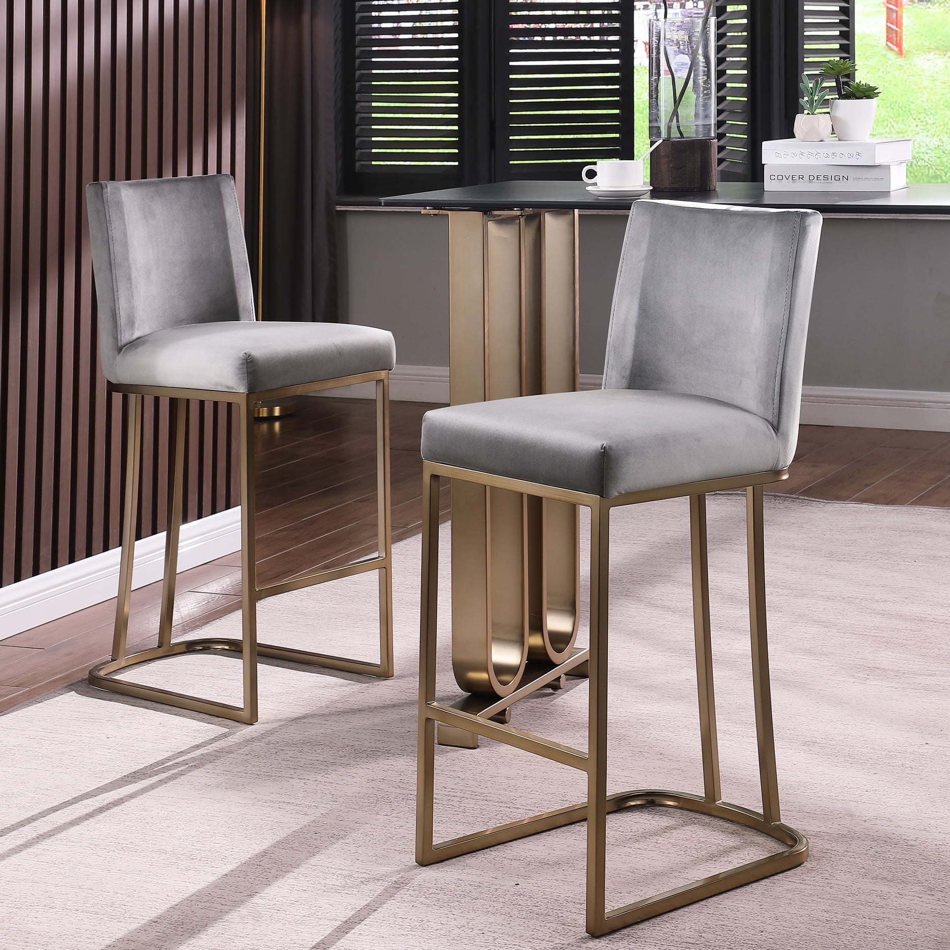 Of 2 26" Counter Height Bar Stools, Modern Gray Velvet Fabric With Gold ...