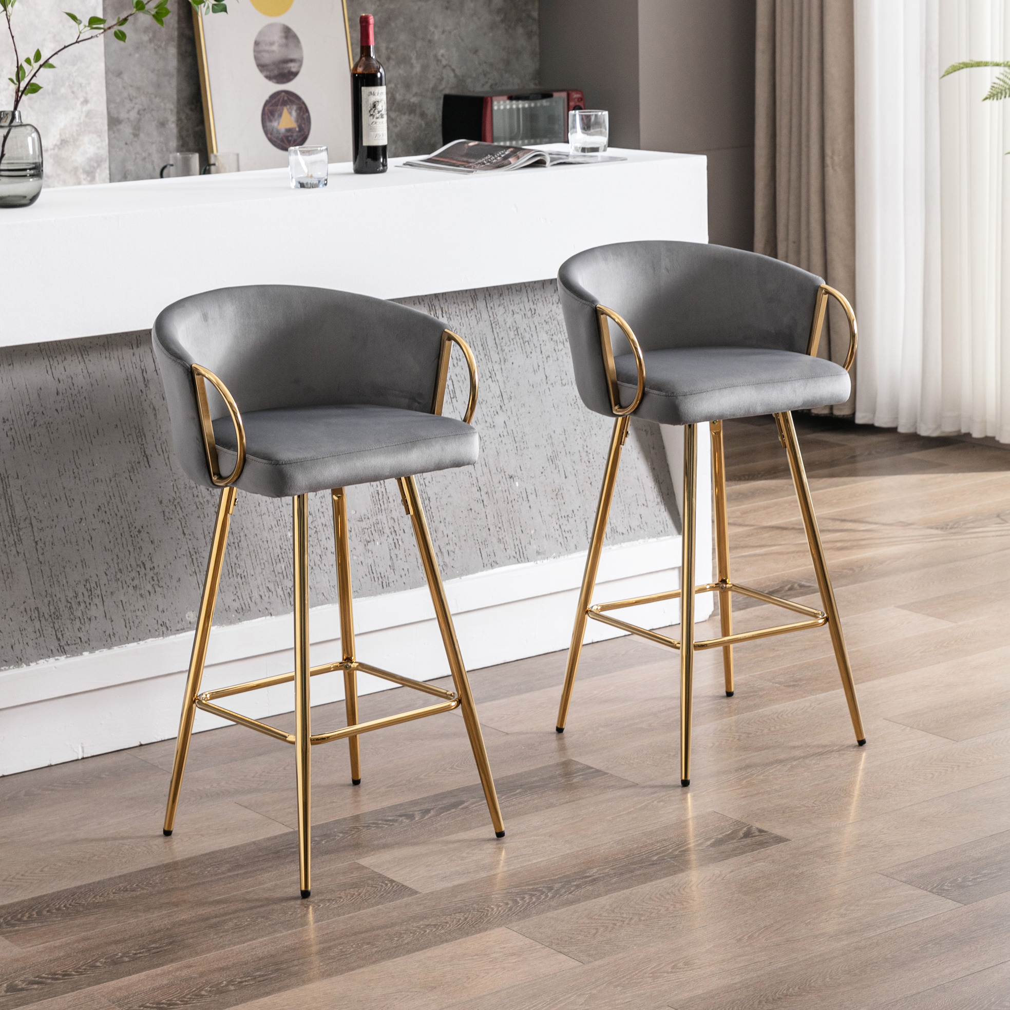 2 26 Inch Bar Stools, Gray Velvet Fabric, Golden Legs, Footrest And ...