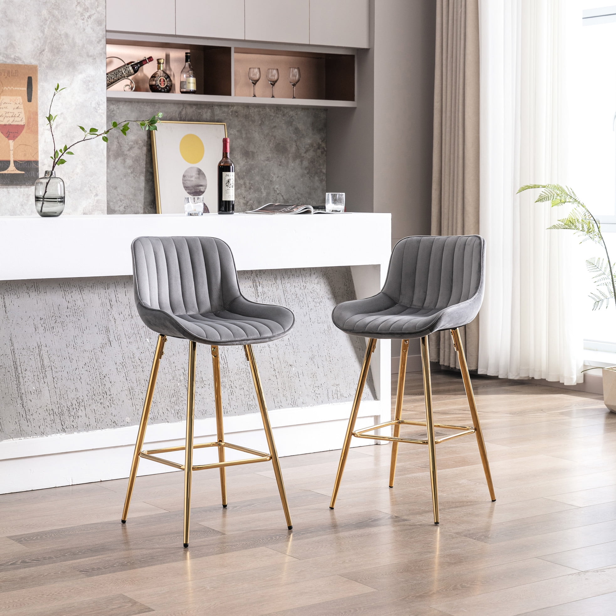 2 26 Inch Bar Stools, Gray Velvet Fabric Seat, Footrest, Golden Legged ...