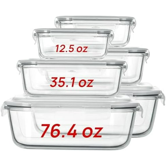 2.26L/76oz Extra Large Glass Food Storage Containers with Lids, 6 pack ...