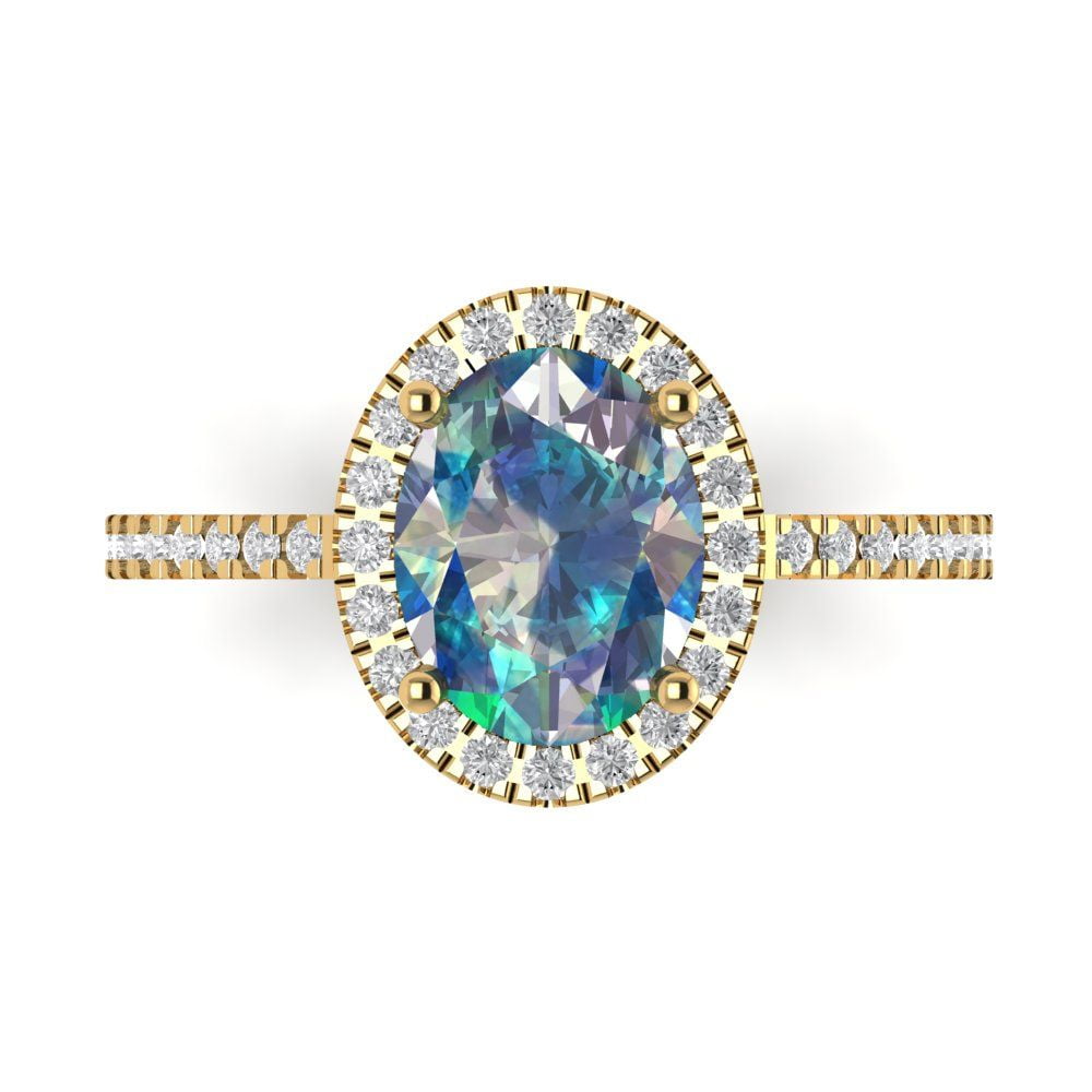 2.27 ct Oval Cut Blue Moissanite Solitaire with Accents Engagement Ring for Women in 18K Yellow ...