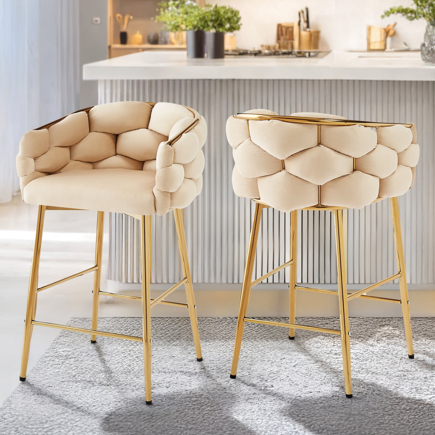 Of 2, 28'' Beige Counter Stools, Iron Construction With Soft Cushioning ...
