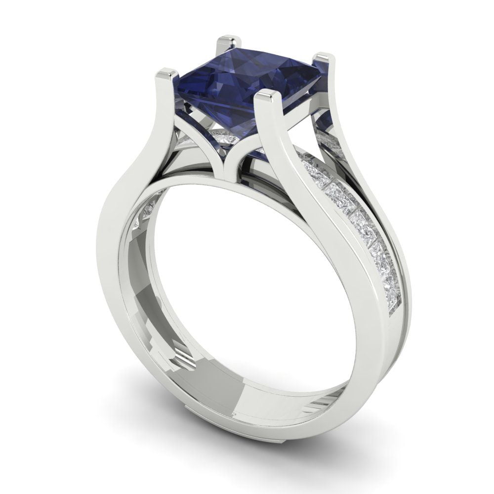 2.28 ct Brilliant Princess Cut Blue Sapphire 18K White Gold Solitaire with Accents Engagement ...