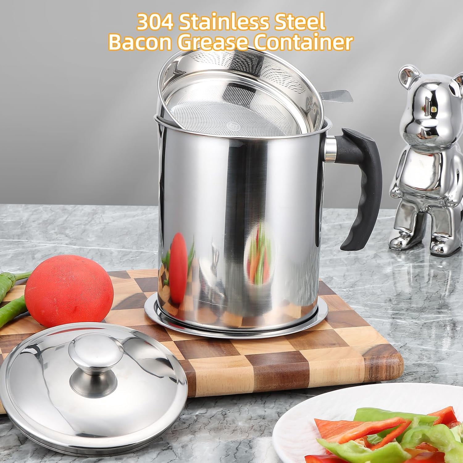 2.2L/74oz Bacon Grease Keeper with Strainer, Oil Storage Container with ...