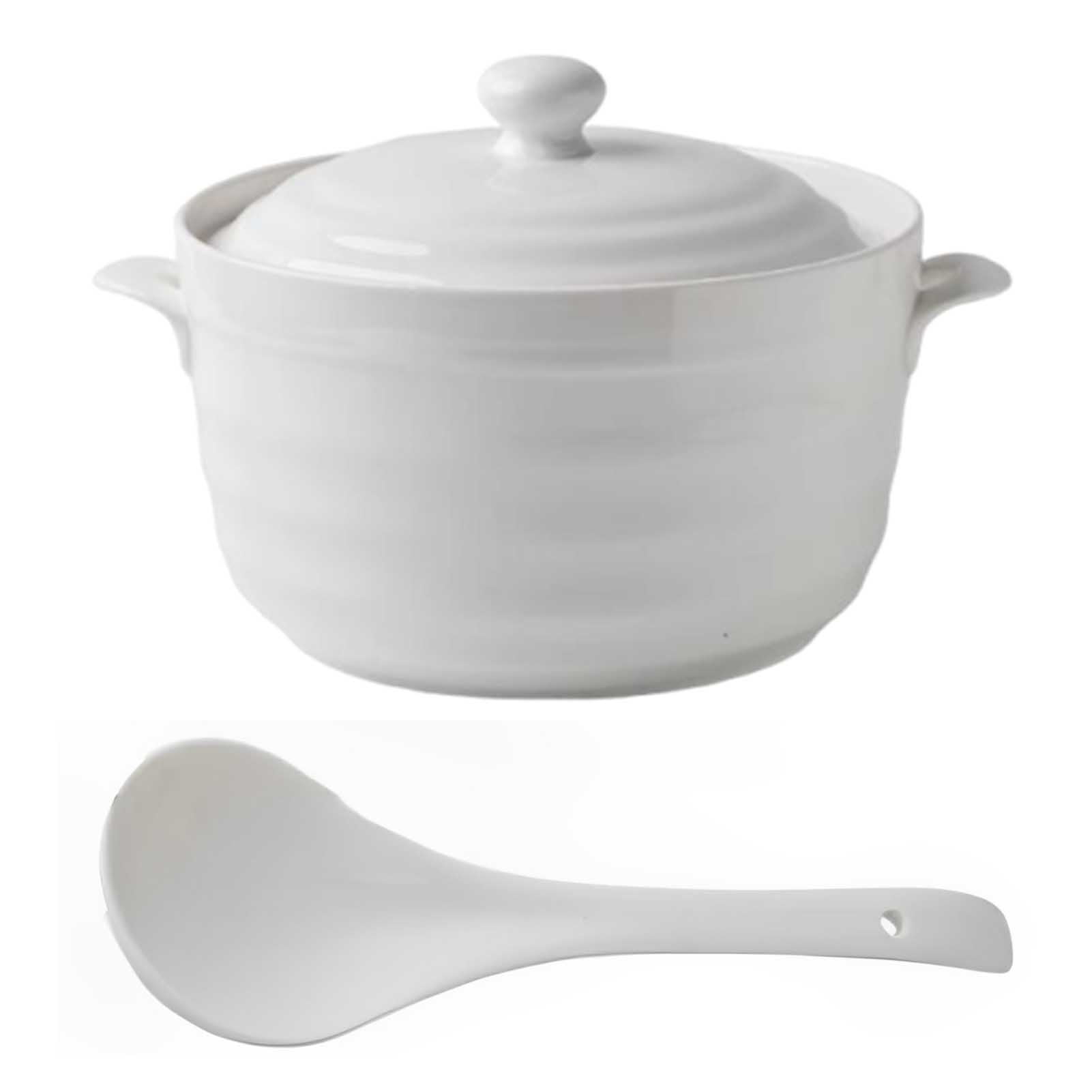 2.2L Ceramic Soup Tureen with Lid and Ladle Set White Serving Bowls ...