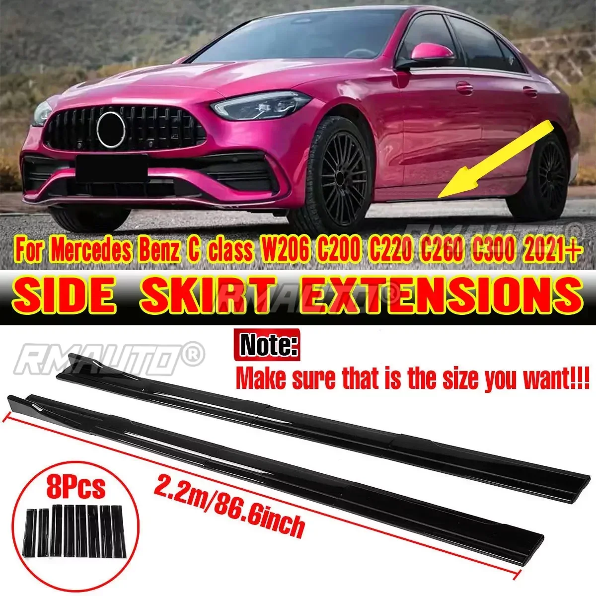 2.2m Side Skirts Extension Rocker Splitters Diffuser Winglet Wings For Mercedes For Benz C class ...