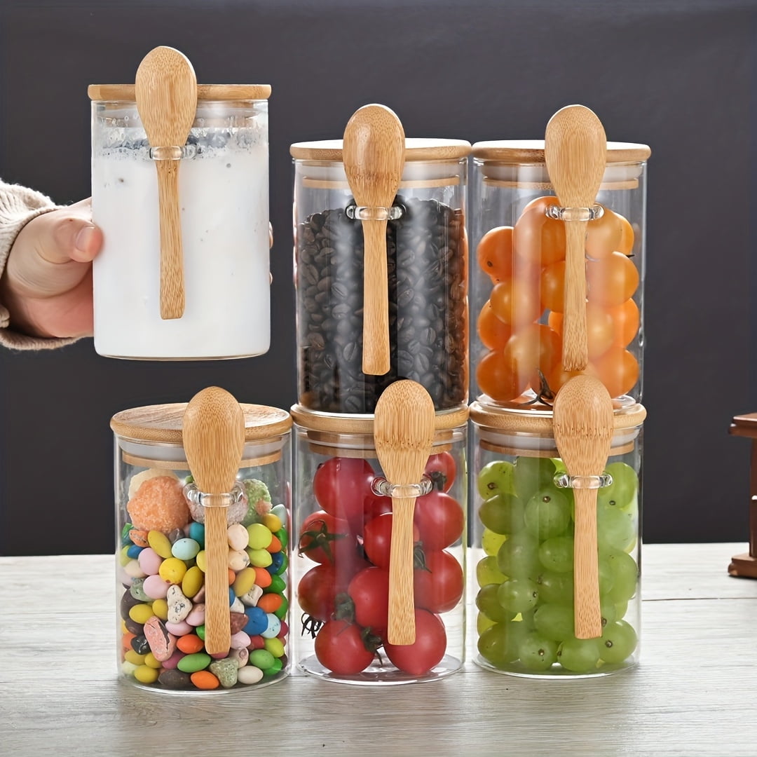 2/3/4/6pcs/Set, Round Glass Jar With Spoon 2/3/4/6pcs/Set, With Sealed ...
