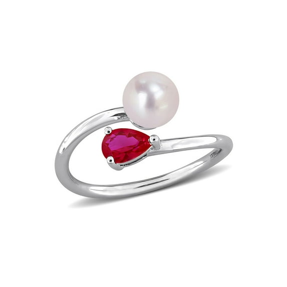 2/3 Carat (Ctw) Lab-Created Ruby and Freshwater Cultured Pearl Ring Sterling Silver for Women ...
