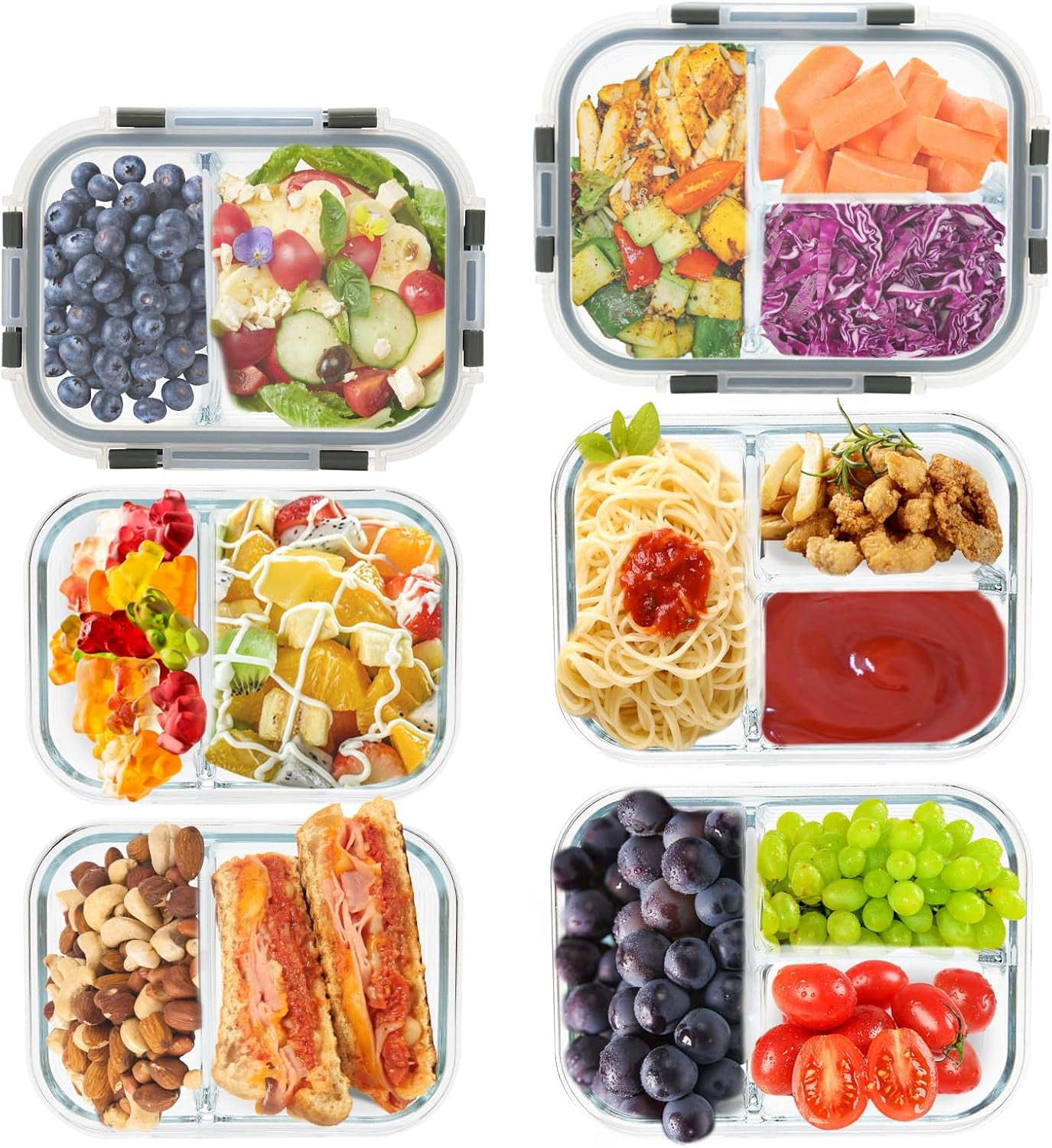 2 & 3 Compartment Glass Food Storage Containers with Lids Bento Box ...