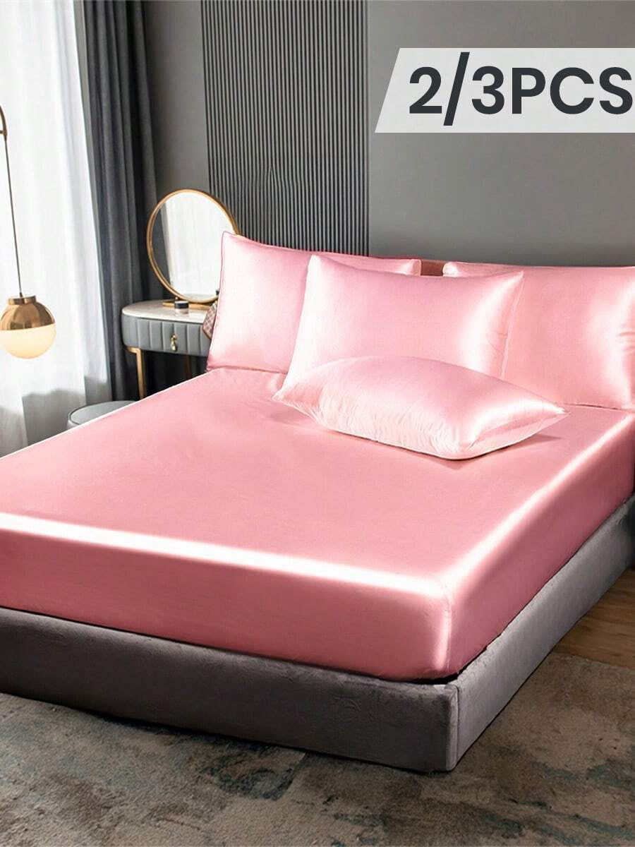 2/3 Pcs Solid Color Satin Fitted Sheet Set, Bed Sheet Set Bedding, Skin ...