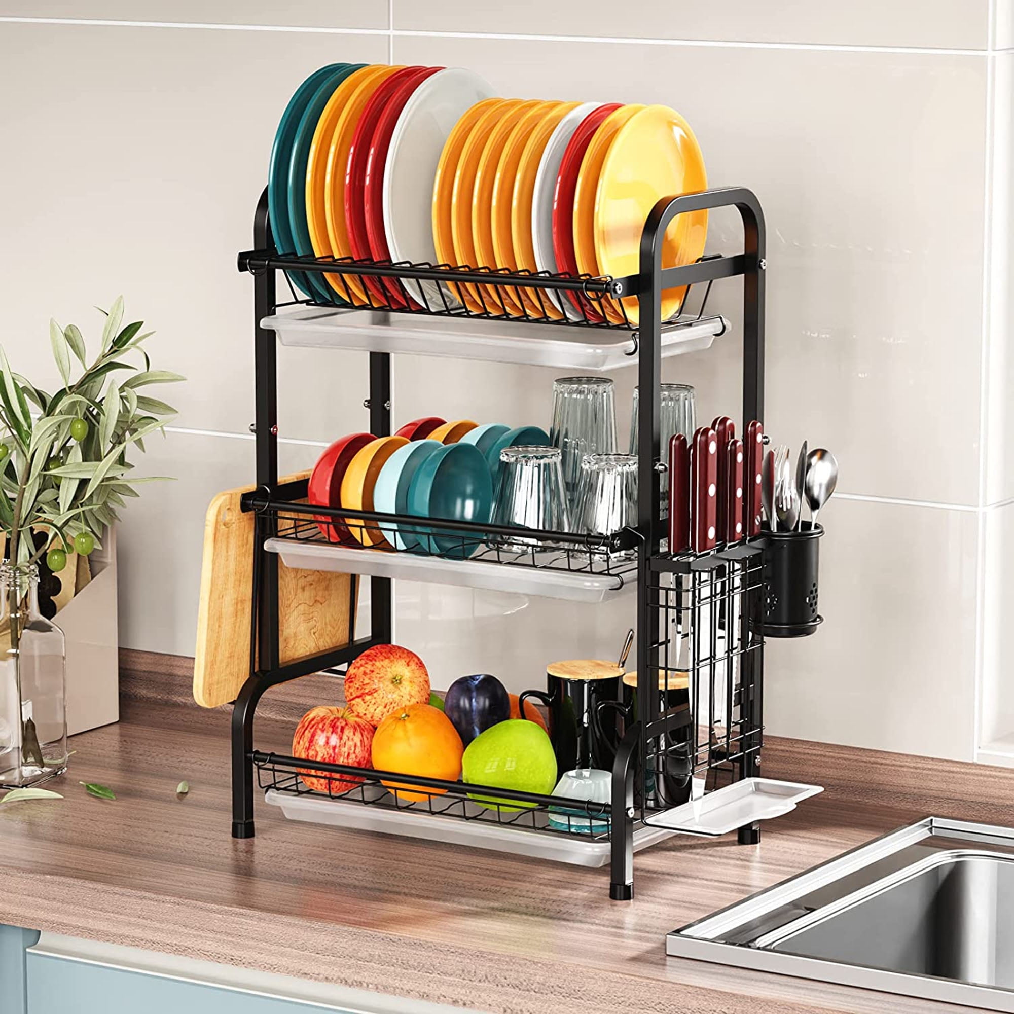 2/3 Tier Dish Drying Rack, Over Sink Drainer Shelf Utensils Holder ...