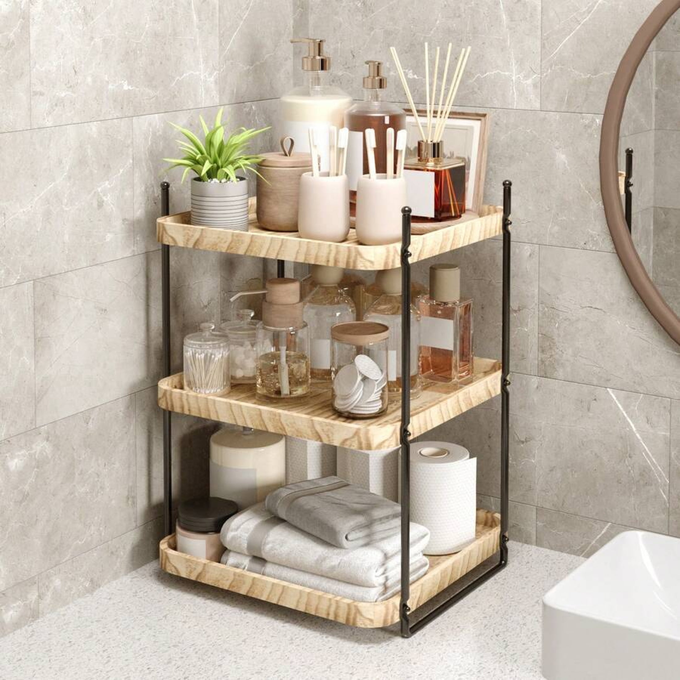 2/3 Tier Wood Corner Bathroom Counter Organizer Vanity Tray for Home ...