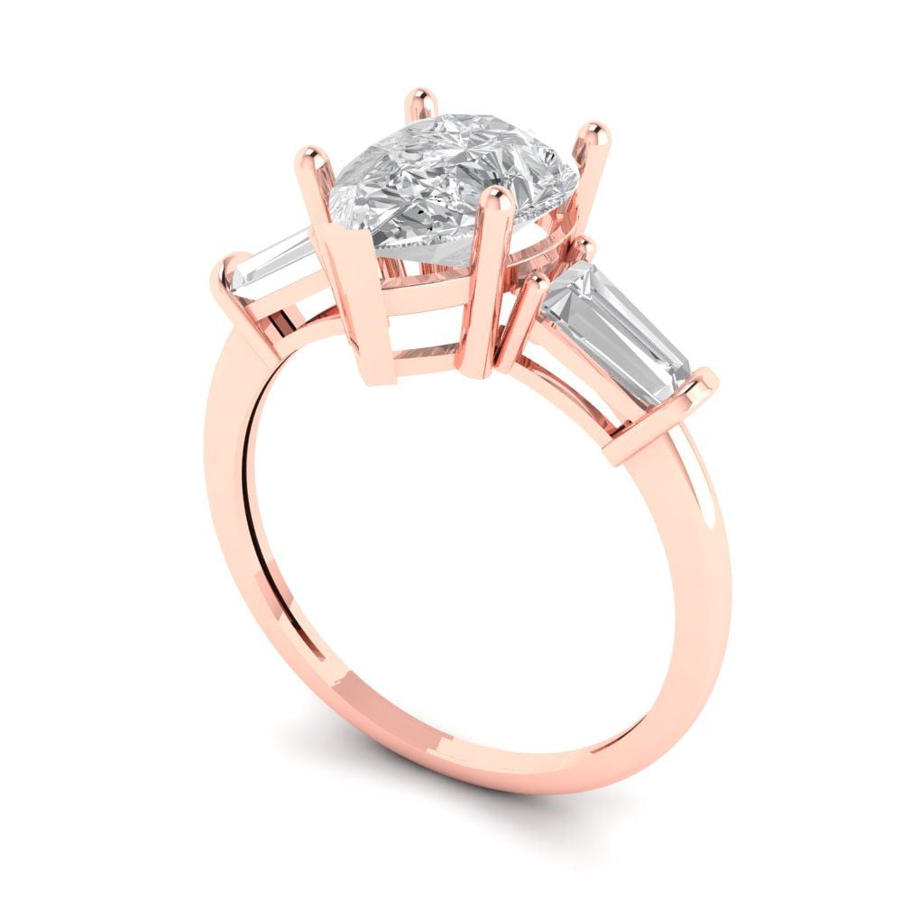 2.3 ct pear cut clear Zircon 18k rose gold 3 stone Bridal Wedding ...