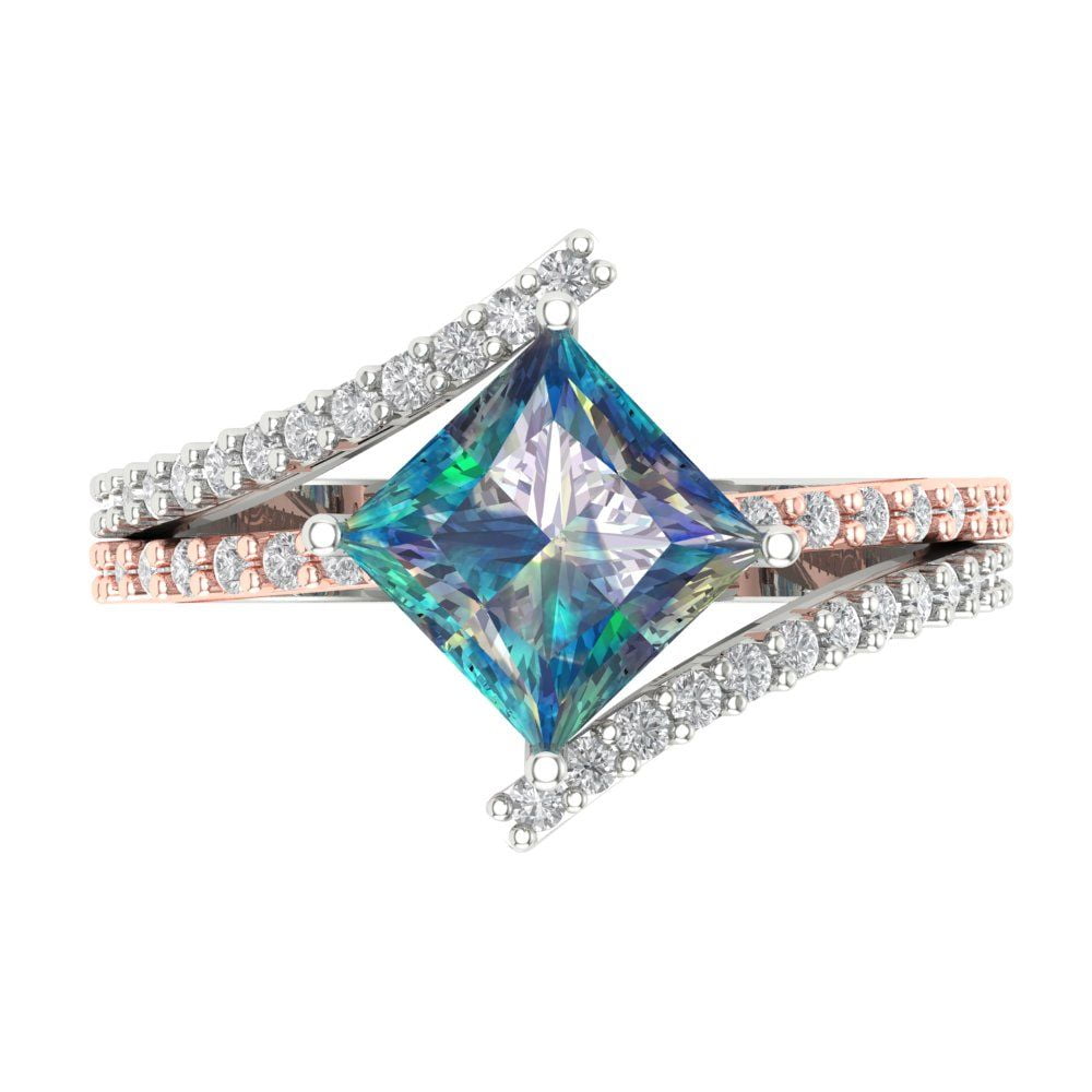 2.3075 ct Princess Cut Blue Moissanite Solitaire with Simulated Diamond Accents 18K White/Rose ...