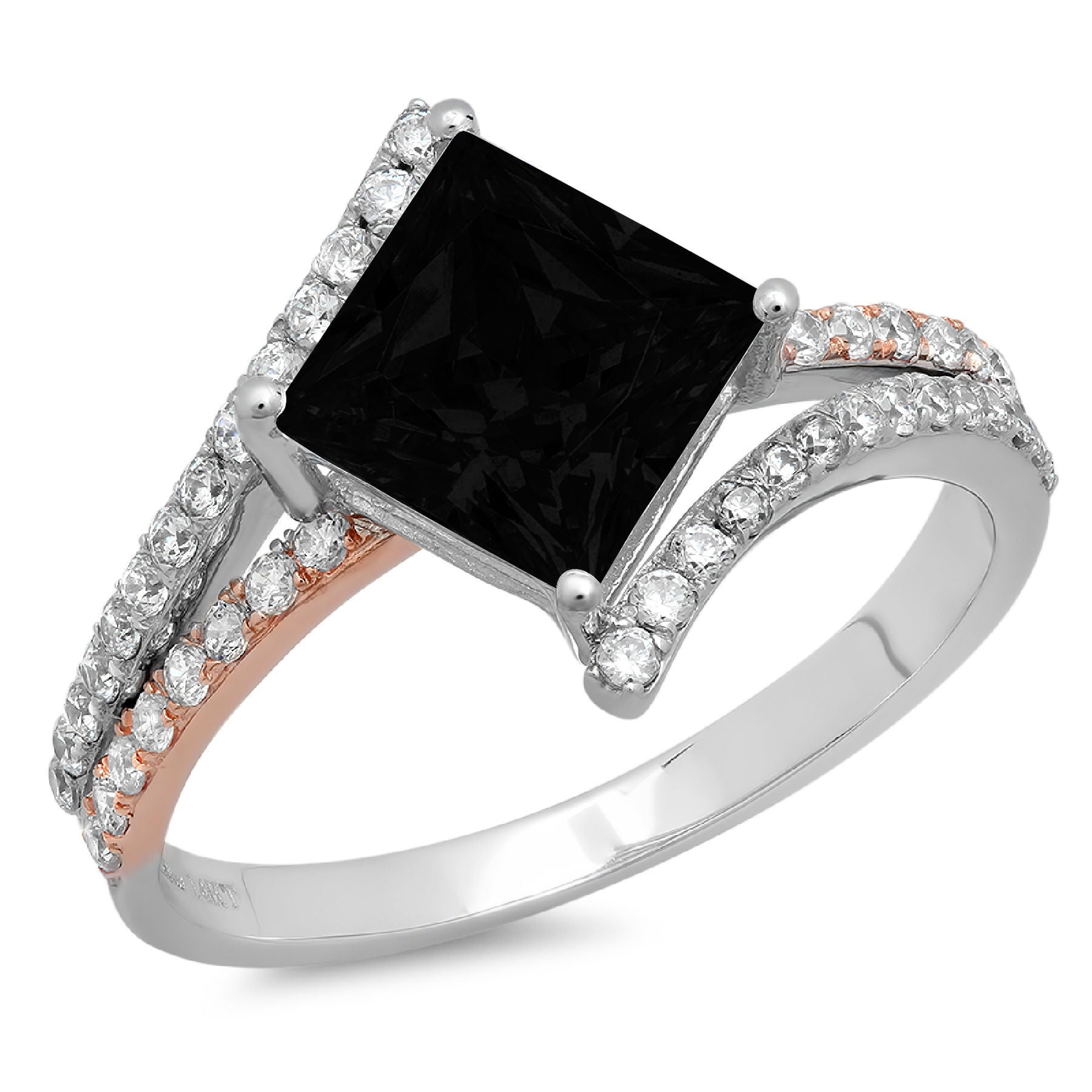 2.3075 ct Princess Cut Natural Onyx Solitaire with Simulated Diamond Accents 14K White/Rose Gold ...
