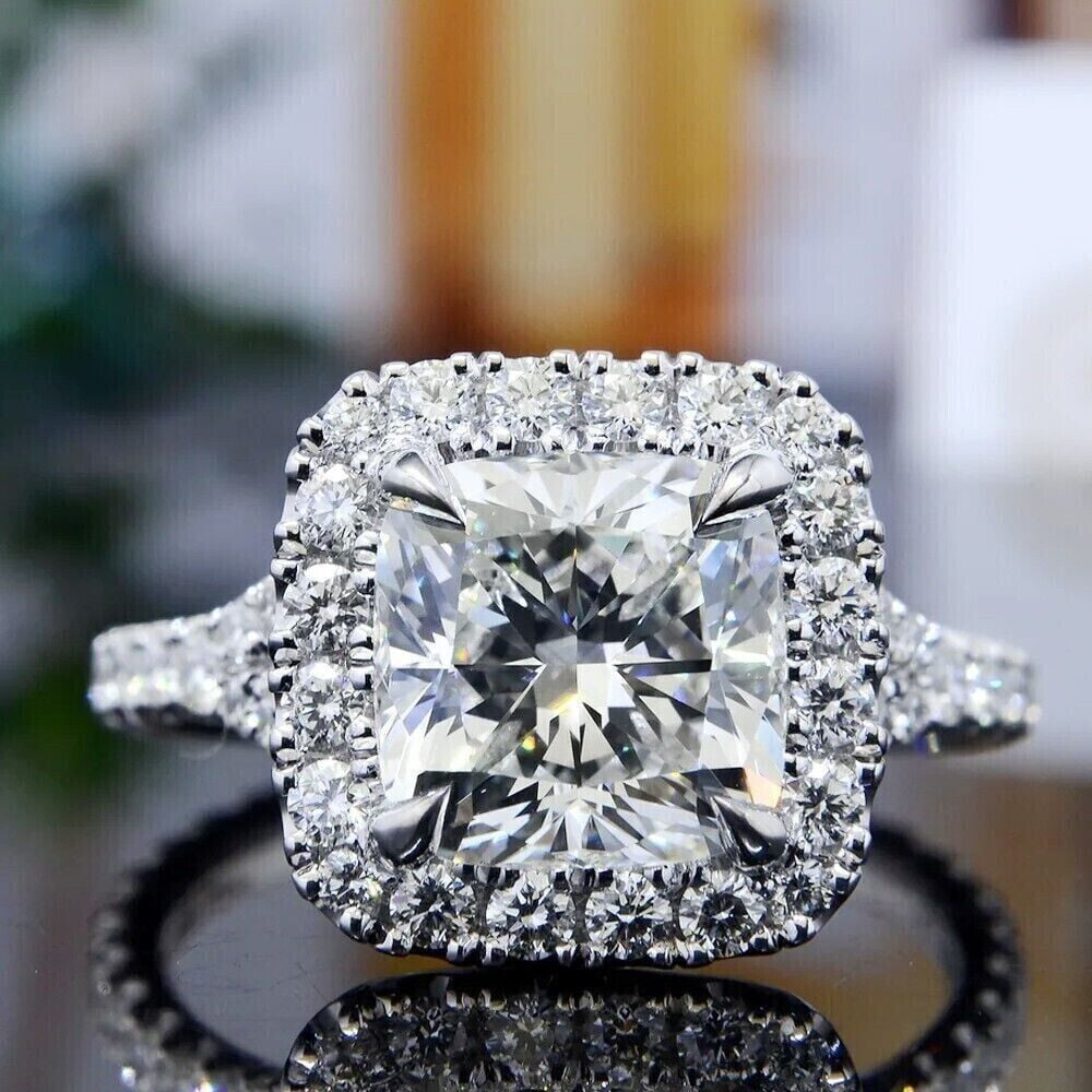 2.30Ct Cushion Cut Simulated Diamond Women's Halo Engagement Ring 14K White Gold Plated ...